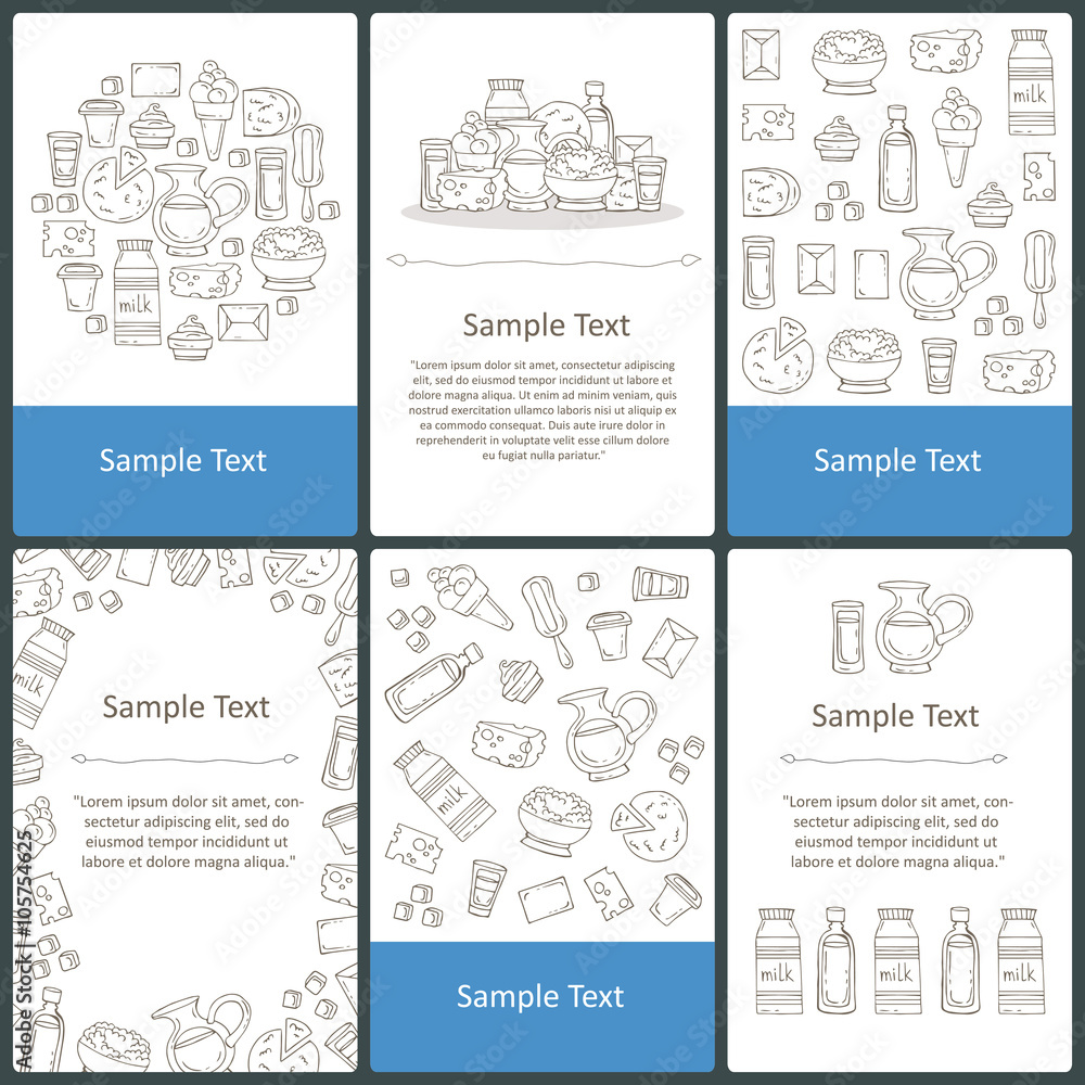 Vector set of prepared cards with hand drawn dairy products, milk Stock ...