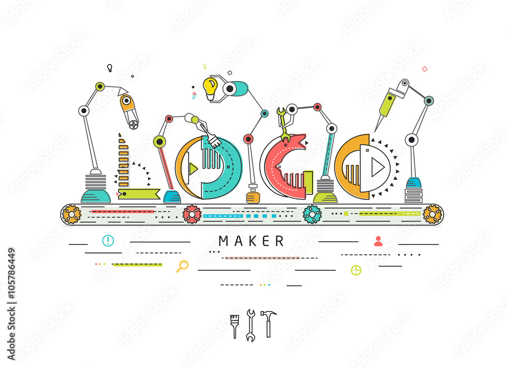 Concept of creating and building logo / Robotic production line ...