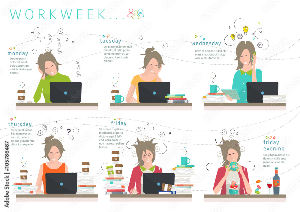 Concept of workweek of office employee / distribution of human energy ...