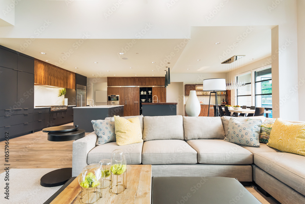 Beautiful living room interior in new luxury home with view of kitchen ...