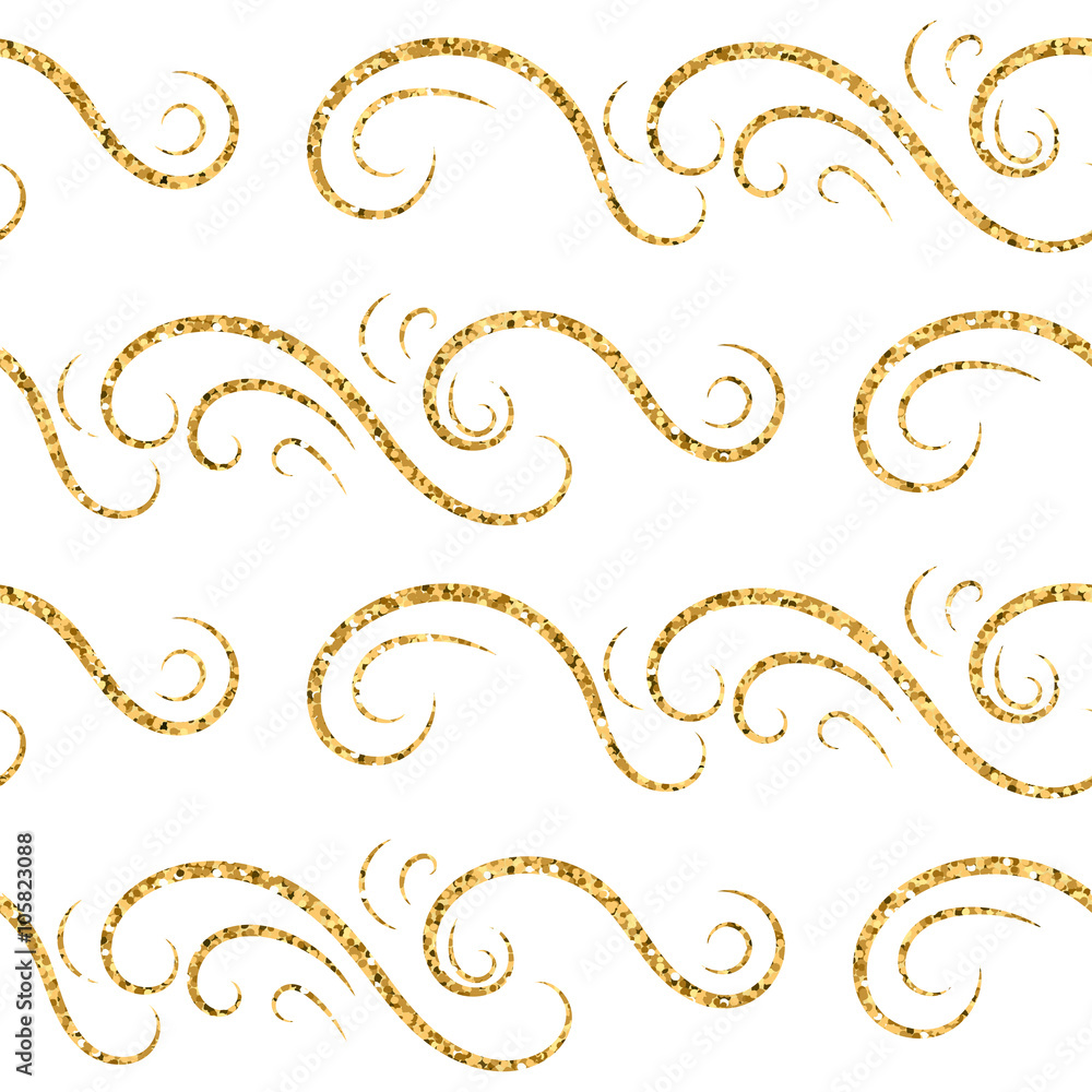 Gold wave seamless pattern. Draw Golden swirl glitter on white ...
