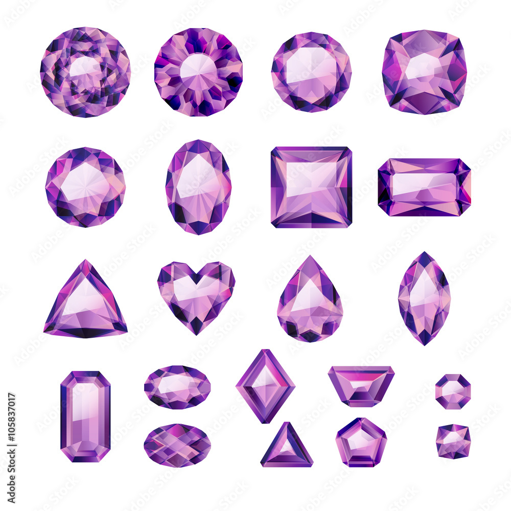 Set of realistic purple jewels. Amethysts. เวกเตอร์สต็อก | Adobe Stock