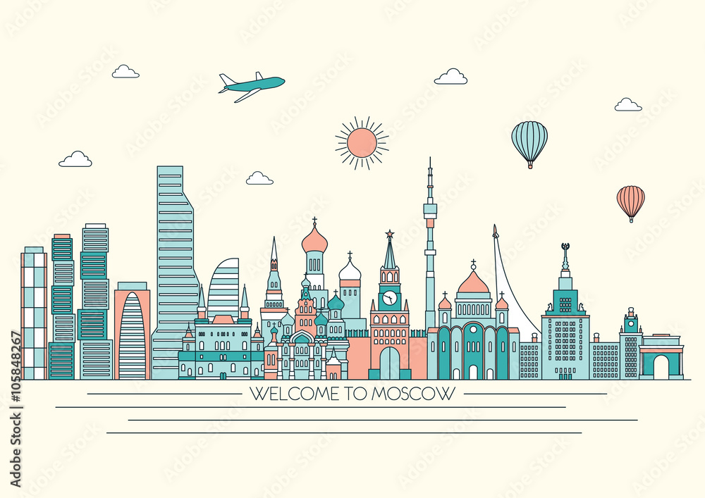 Moscow detailed skyline. Travel and tourism background. Vector line ...