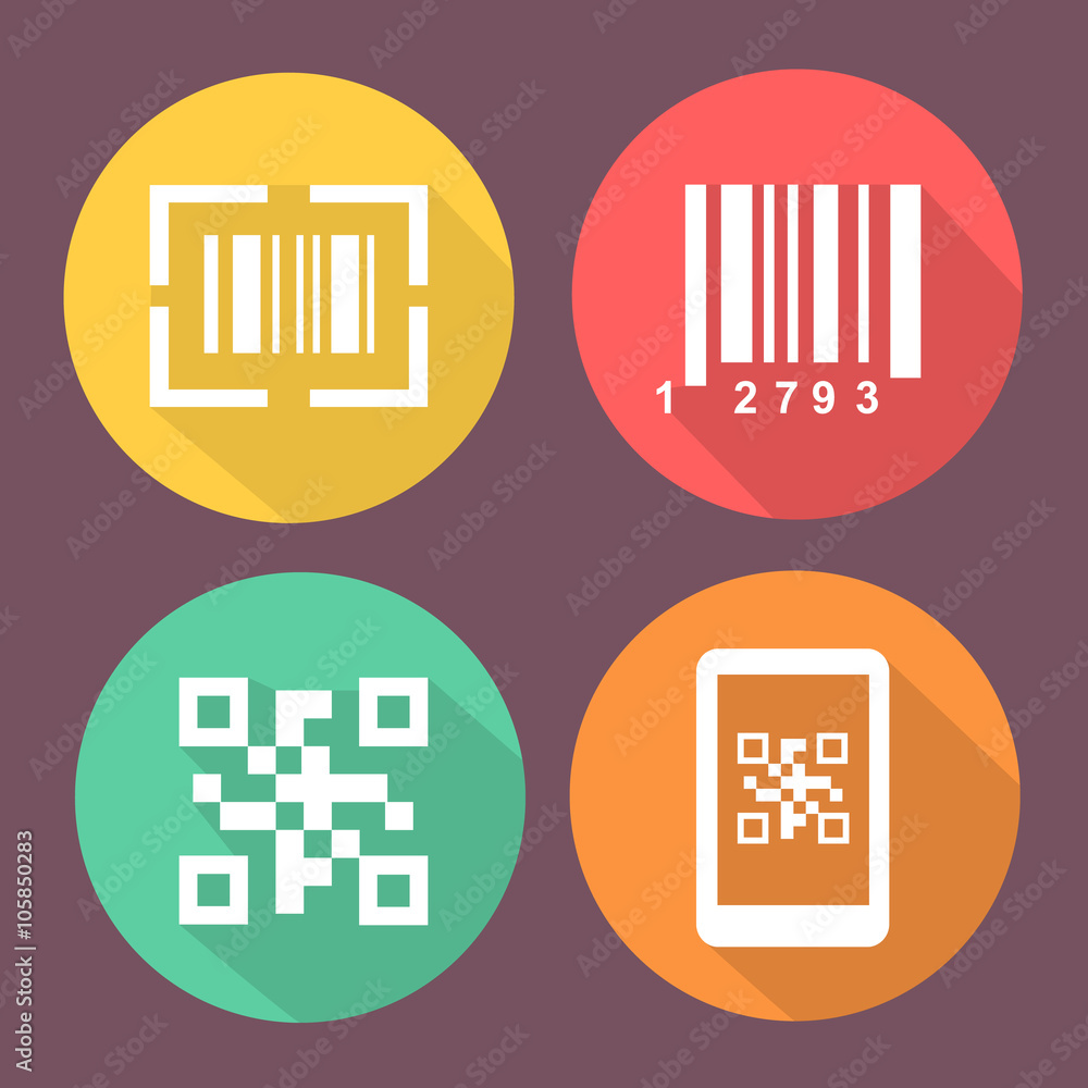 Bar and Qr code icons. Smartphone symbols with Scan barcode. Circle ...