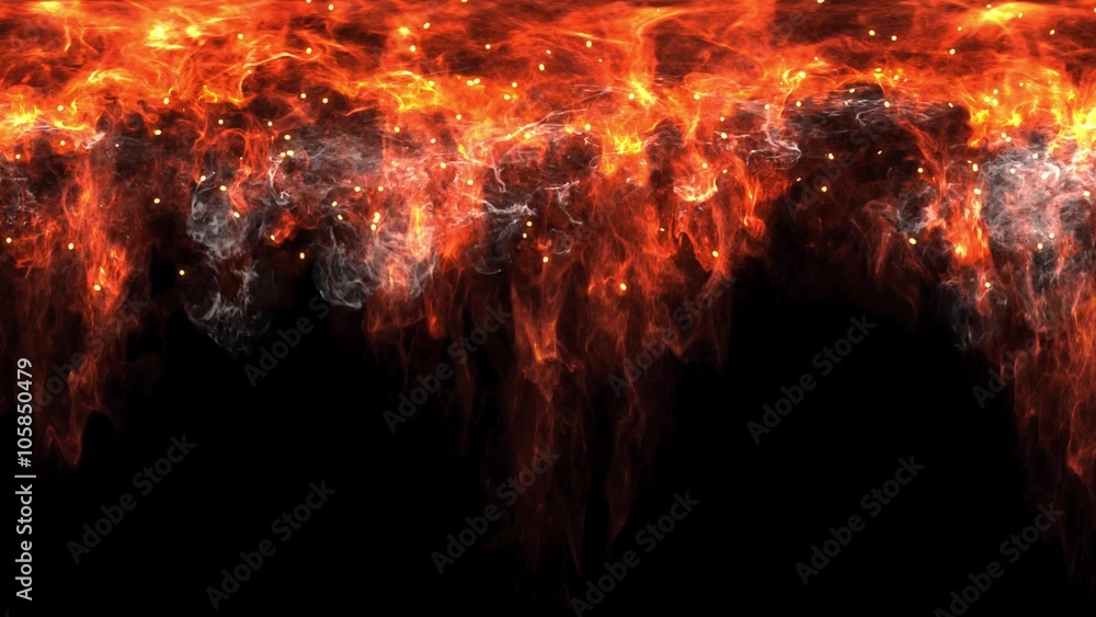 Abstract fire curtain wall burning from the sky with flame spark and ...