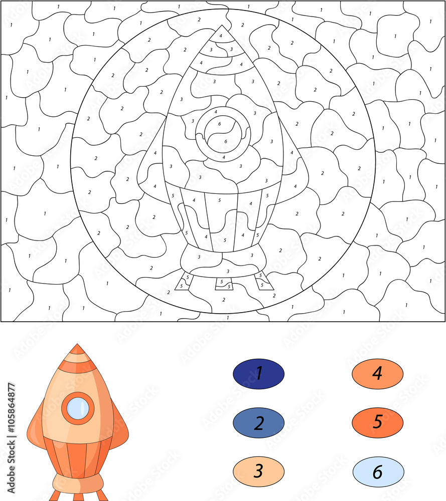 Cartoon orange rocket. Color by number educational game for kids Stock ...