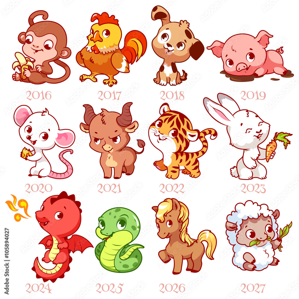 Set of zodiac signs in cartoon style. Chinese zodiac. Stock Vector ...