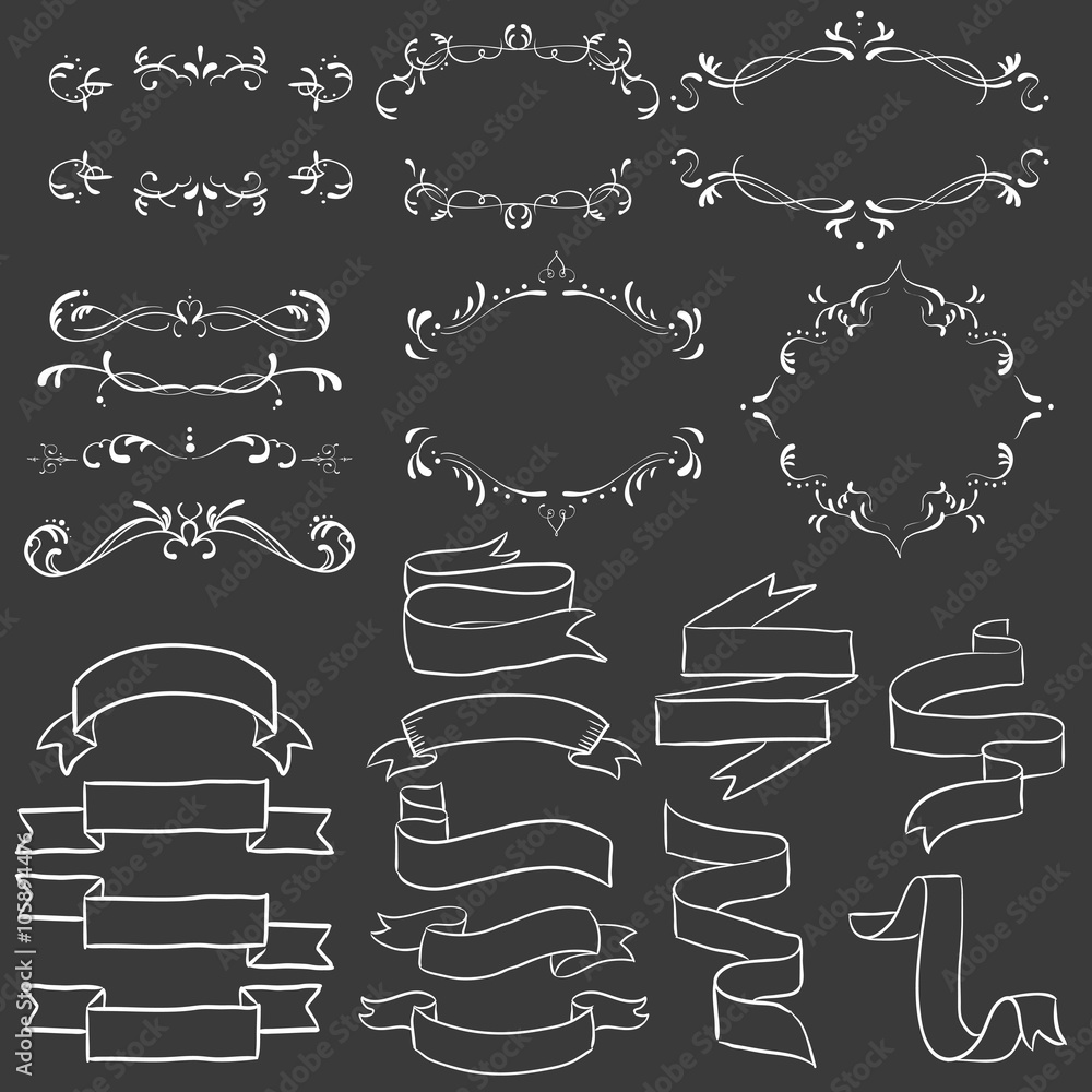 Hand-drawn outline, Ribbons and vintage frames pack Stock Vector ...