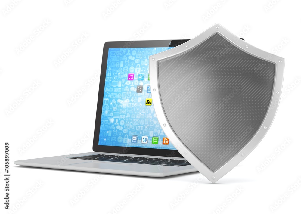 Laptop and shield on white, computer security concept Stock ...