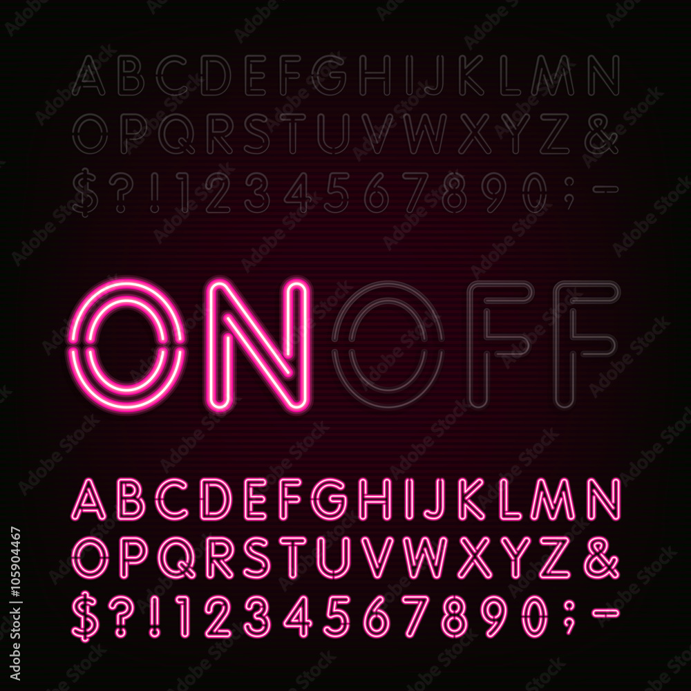 Red Neon Light Alphabet Font. Two different styles. Lights on or off ...