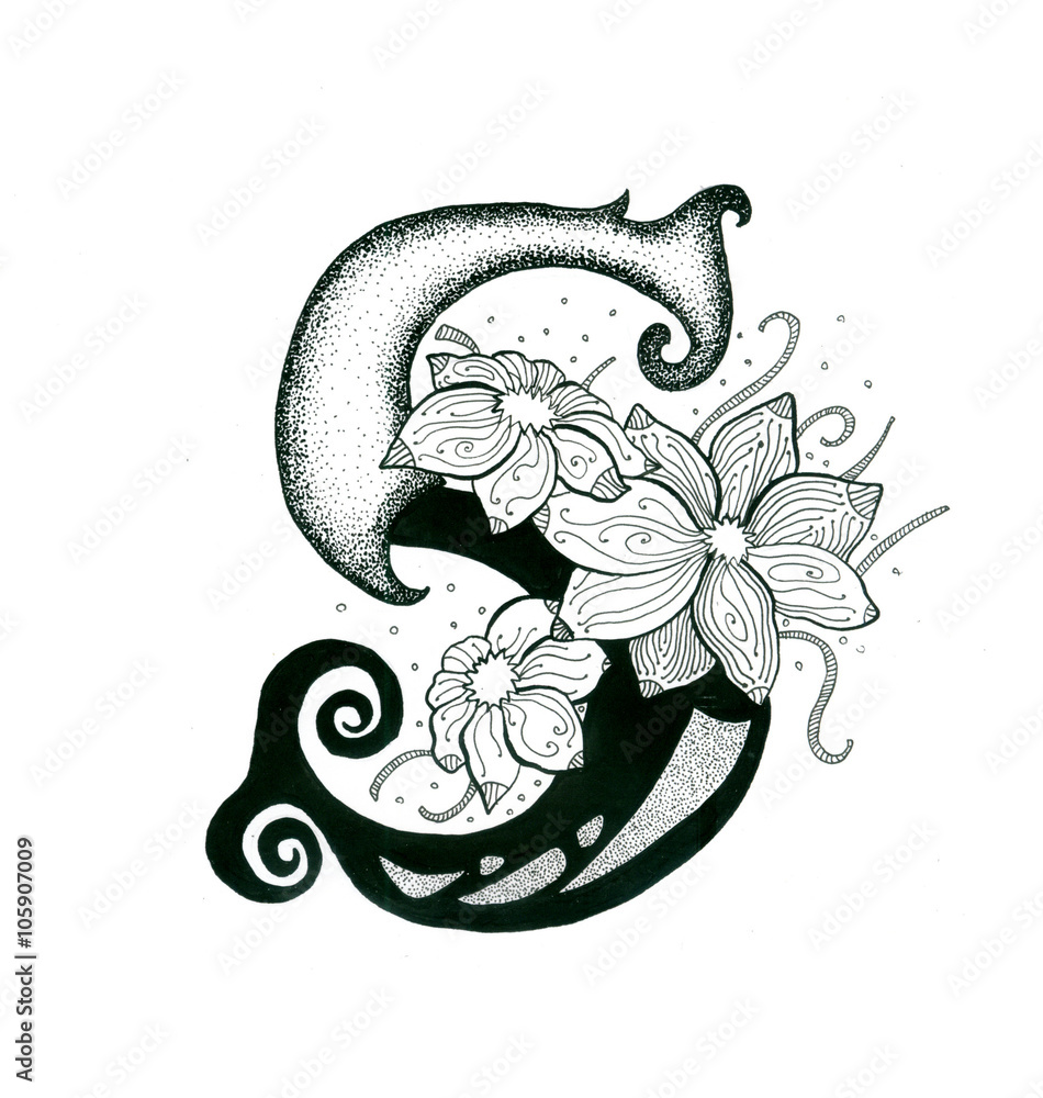 the letters alphabet calligraphy hand drawn with flowers element ...