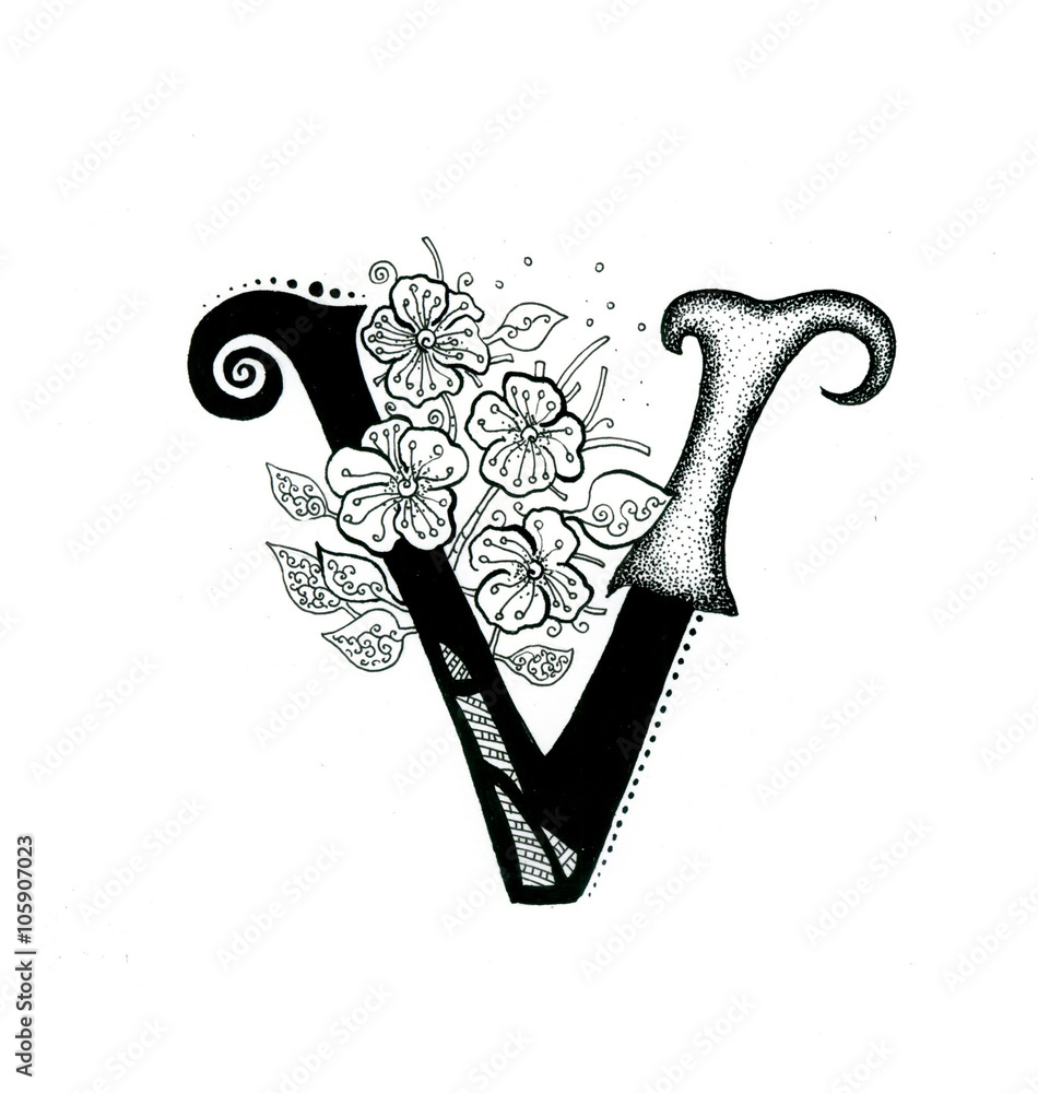the letters alphabet calligraphy hand drawn with flowers element ...