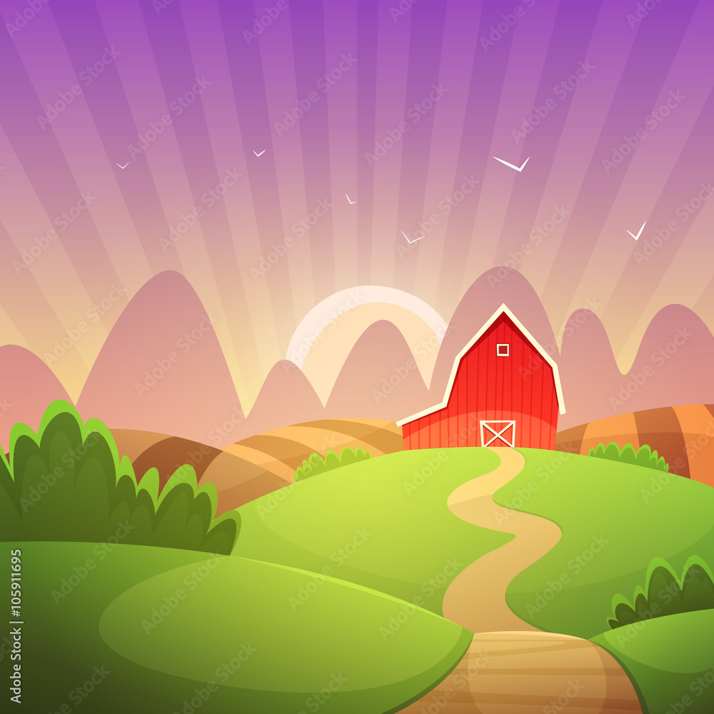 Countryside landscape with red farm barn, cartoon vector illustration ...