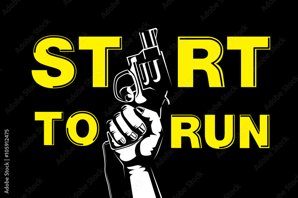 Hand holding gun for fired to starting running competitive and wording ...