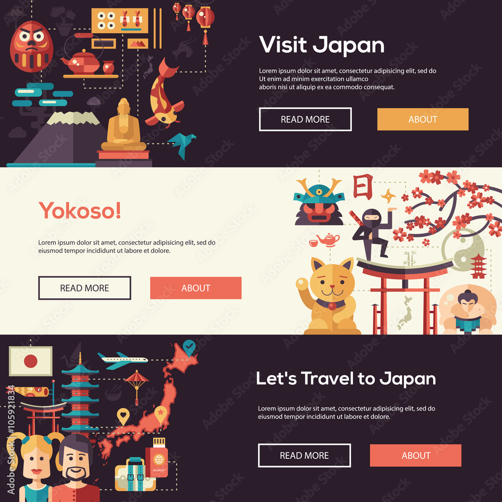 Japan travel banners set with landmarks, famous Japanese symbols Stock ...