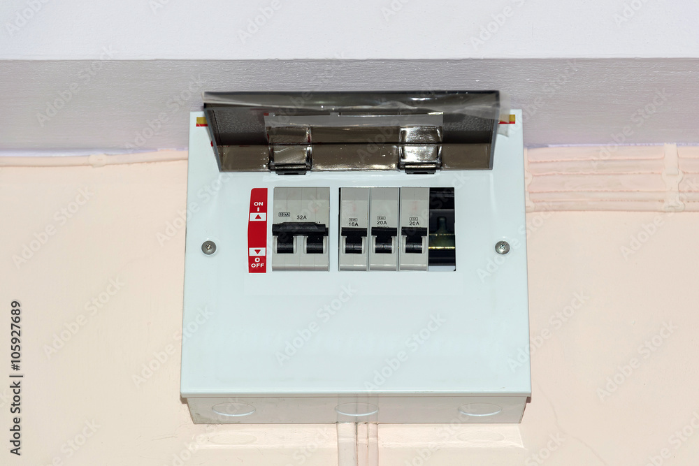 Control box electrical circuit breakers. Stock Photo | Adobe Stock
