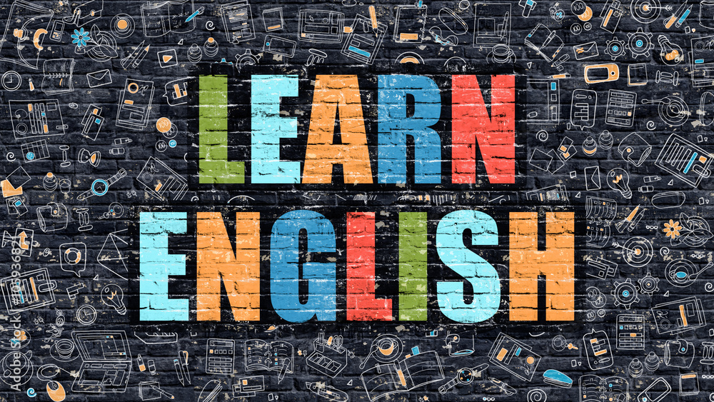 Multicolor Concept - Learn English on Dark Brick Wall with Doodle Icons ...
