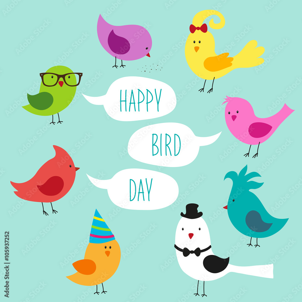 Cute childish Bird Day card with funny cartoon characters of birds and ...