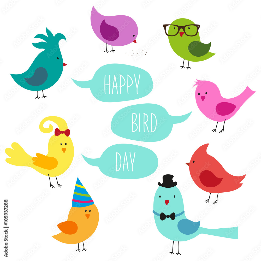 Cute childish Bird Day card with funny cartoon characters of birds and ...