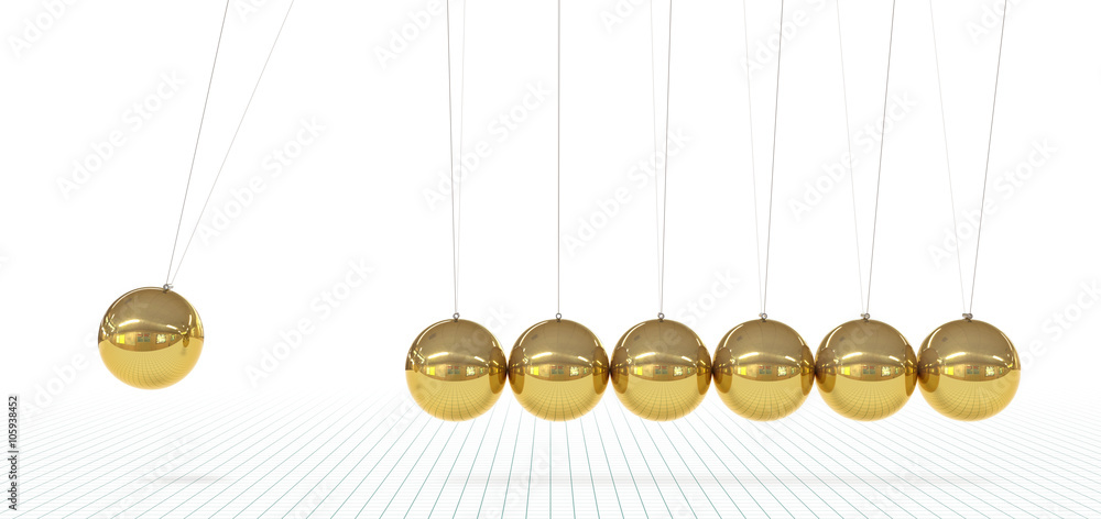 Sieben goldene 3D Pendel in einer Reihe Panorama. Vorderansicht auf ...
