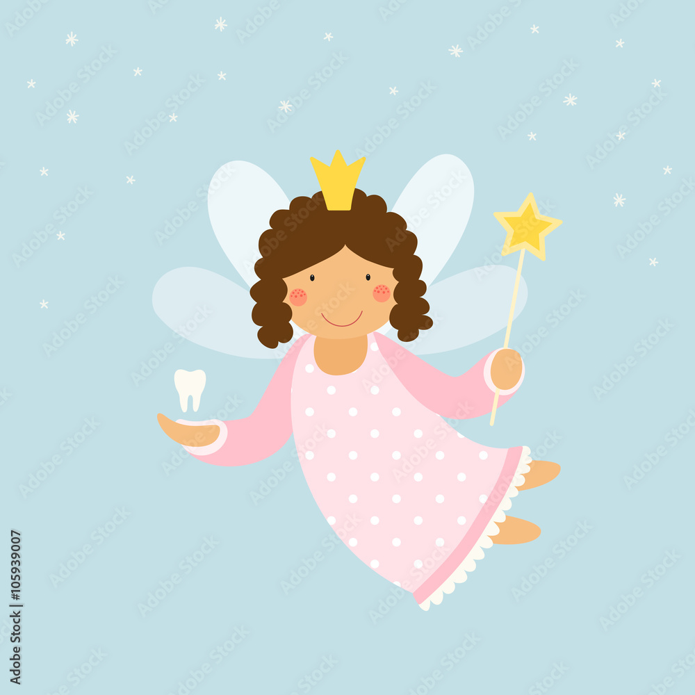 Cute hand drawn card as funny smiling cartoon character of tooth fairy ...