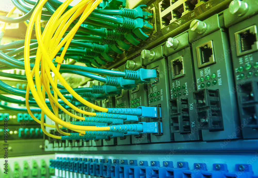 Fiber Optic cables connected to an optic ports and Network cable Stock ...