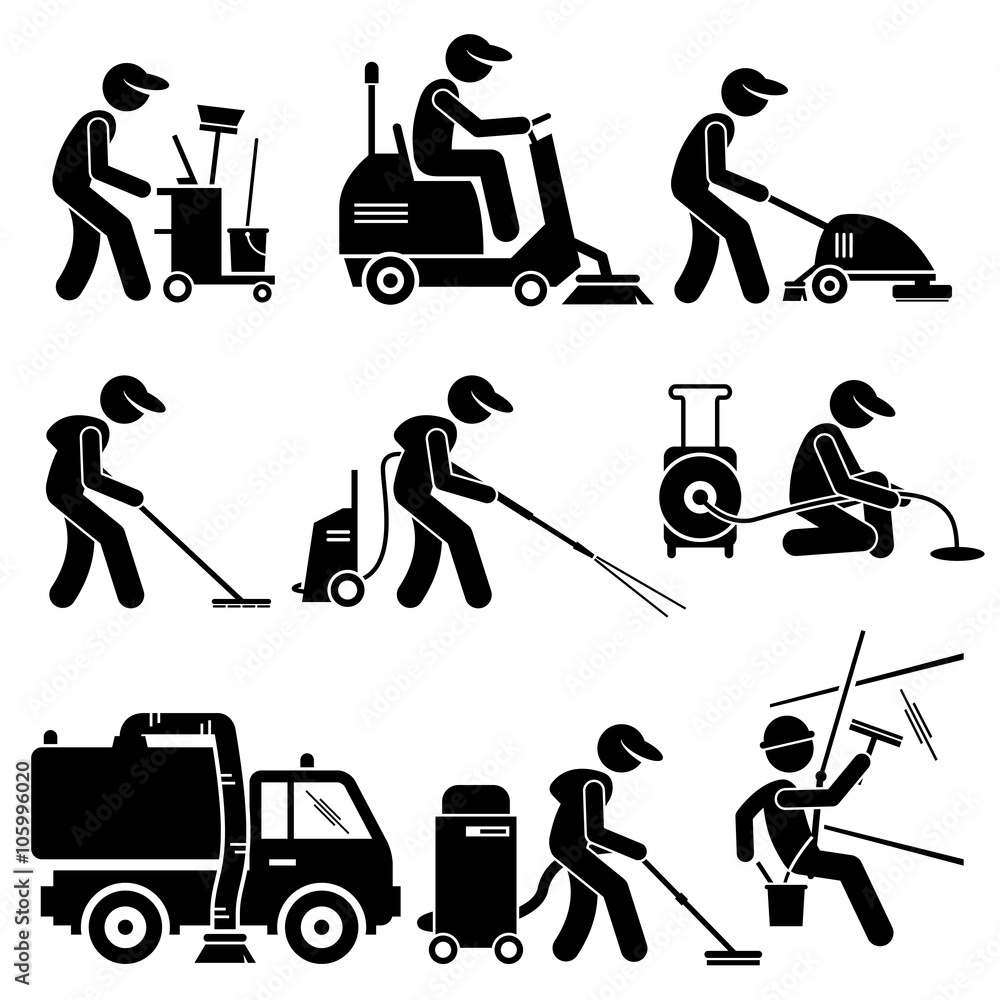 Industrial Cleaning Worker with Tools and Equipment Stick Figure ...