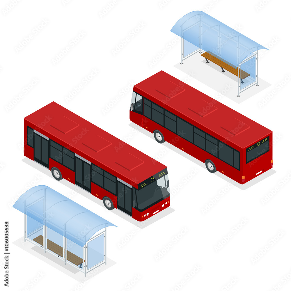 Isometric icon - bus stop and bus. Flat 3d vector illustration of a bus ...
