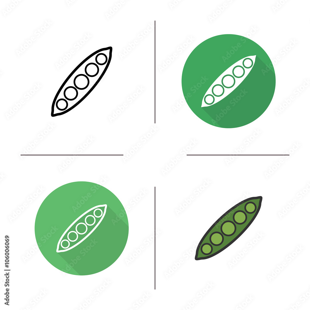 Pea pod flat design, linear and color icons set Stock Vector | Adobe Stock