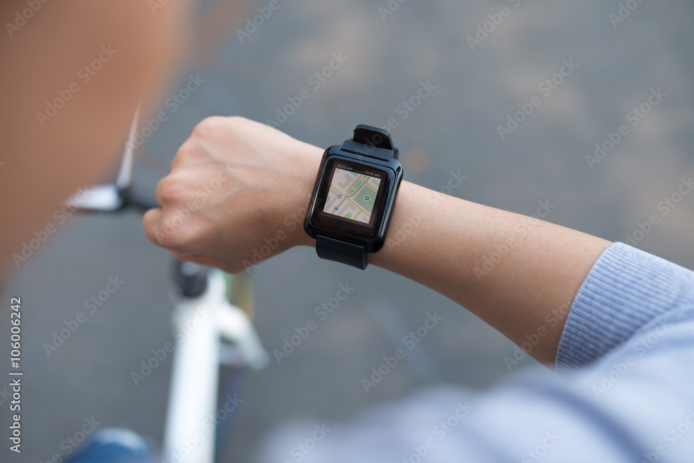 Person looking at map on the screen of smart watch Stock Photo | Adobe ...