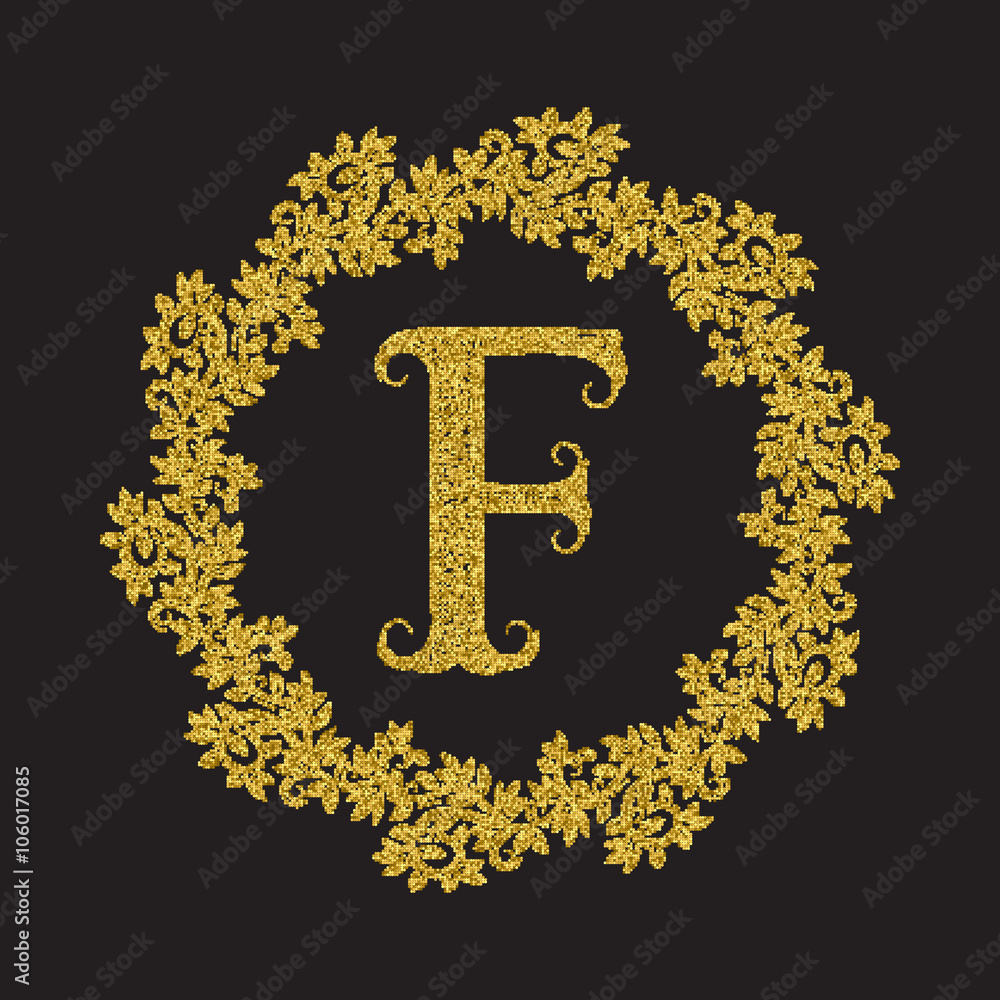 Golden glittering letter F monogram in vintage style. Heraldic circular ...