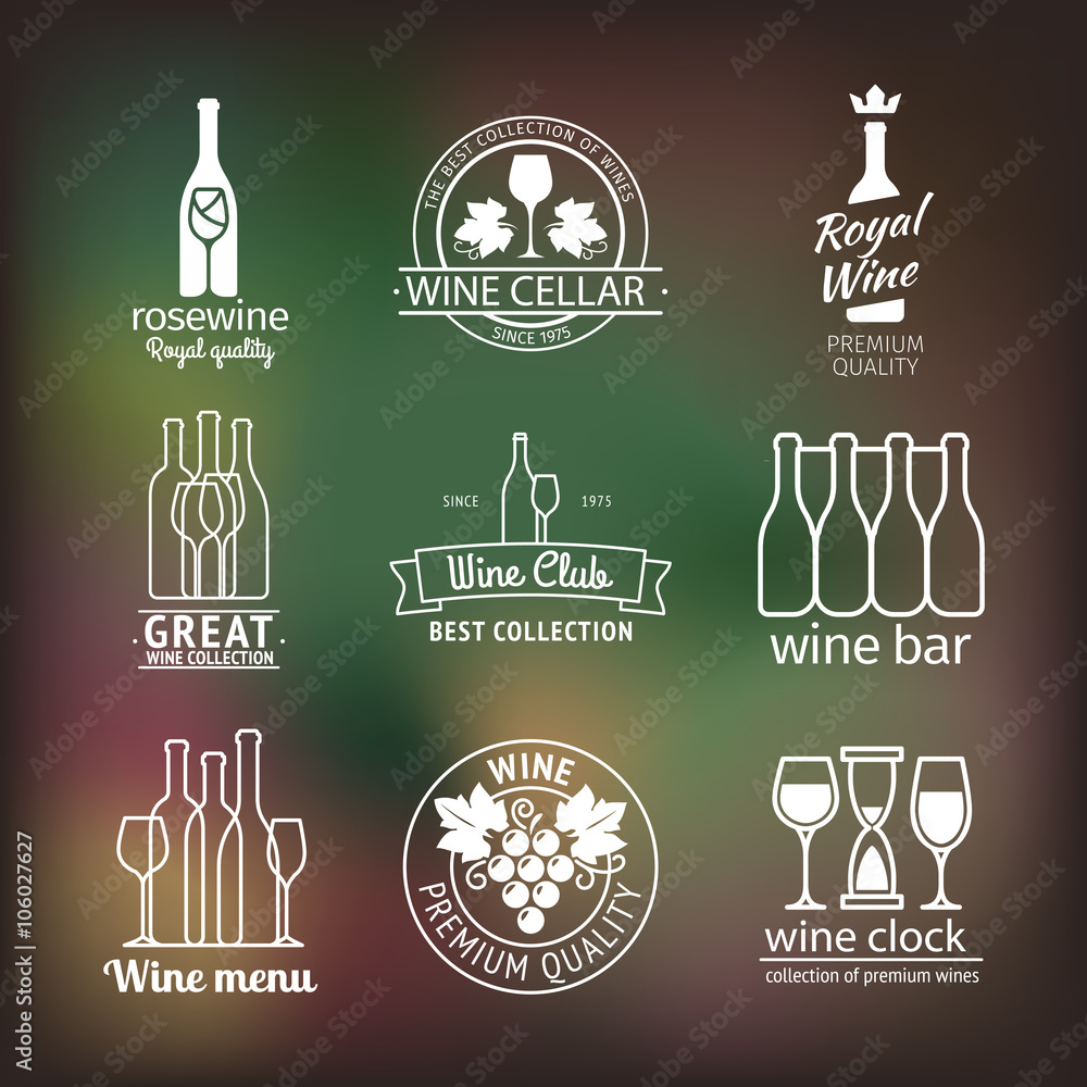 Wine club and restaurant emblems and labels set on blurred background ...