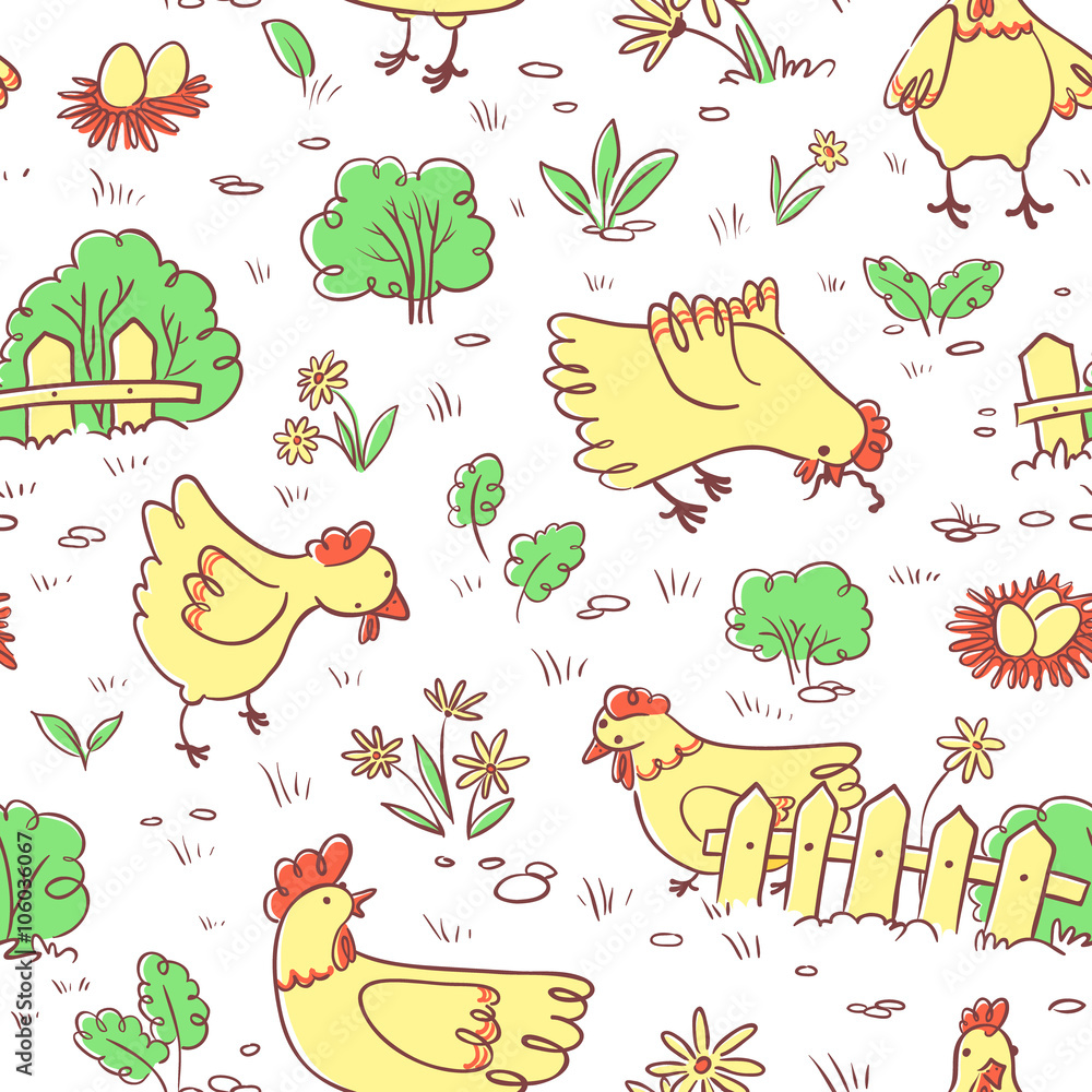 Doodle Chicken on meadow vector seamless pattern wall mural wallpaper ...