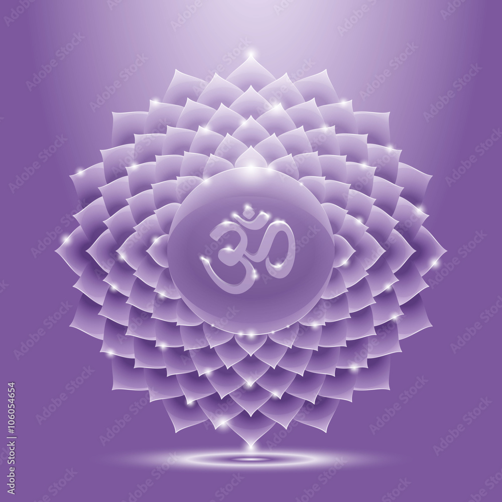 Vector illustration sahasrara with om mantra. Chakra glossy icon. The ...