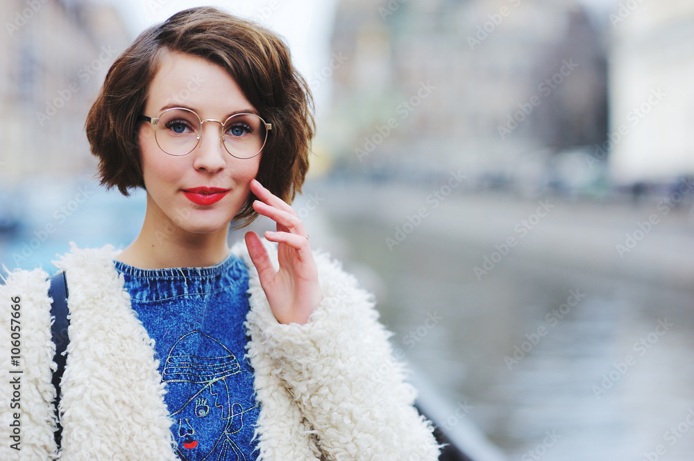 happy intelligent smiling girl in glasses outdoors Stock Photo | Adobe ...