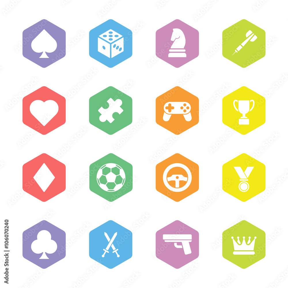 colorful flat game icon set on hexagon for web design, user interface ...