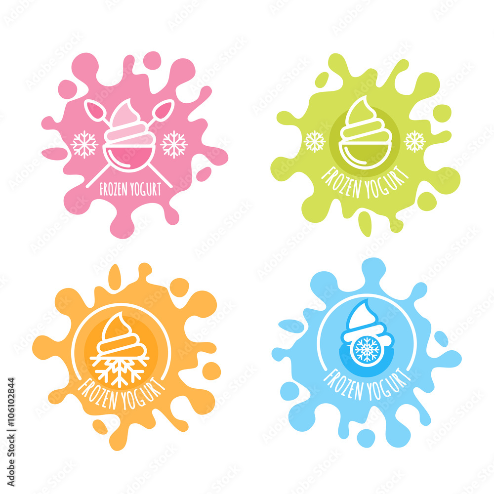 Set of vector logo, label of frozen yogurt in multicolor milk splashes ...