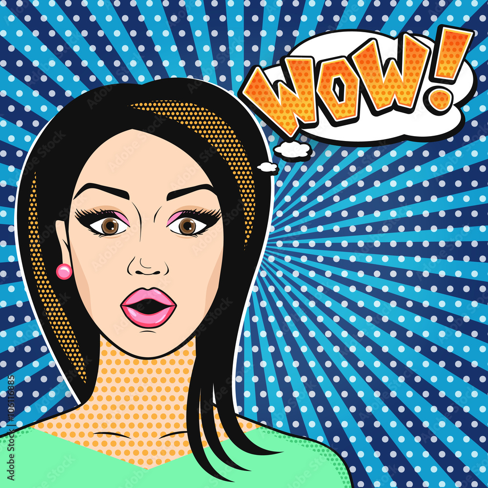 Pop art surprised woman face with open mouth WOW sign in comic style ...