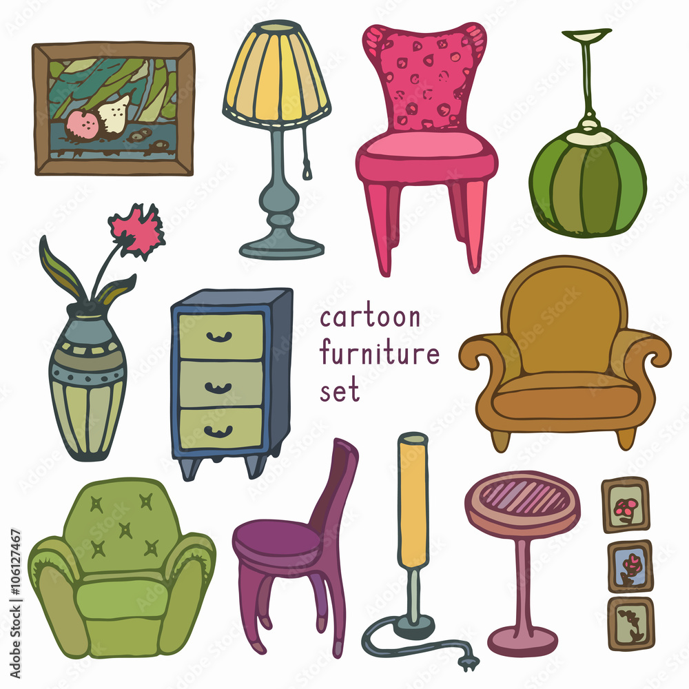 Set of hand drawn cartoon retro furniture. Vector illustration ...
