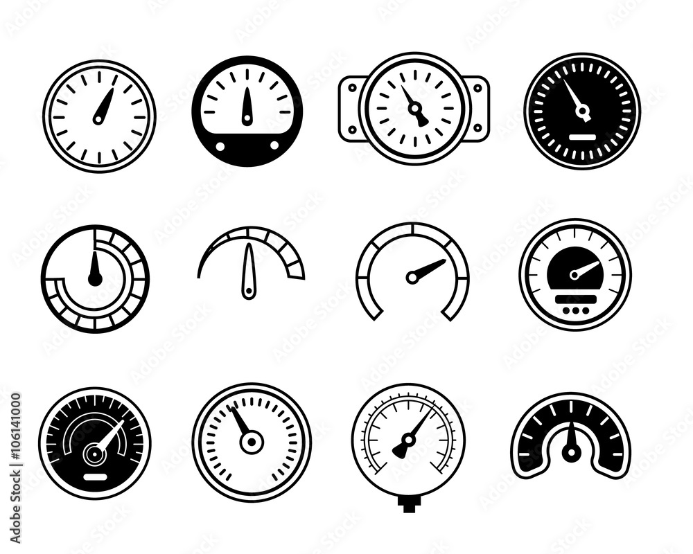 Meter icons. Symbols of speedometers, manometers, tachometers etc ...