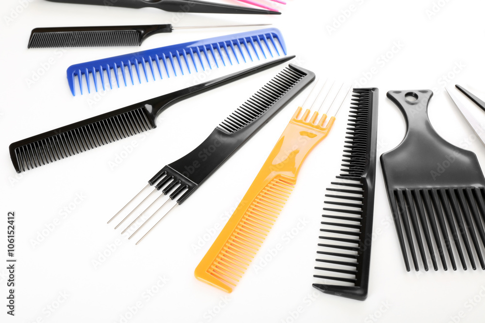 Barber set with types of combs, isolated on white Stock Photo | Adobe Stock