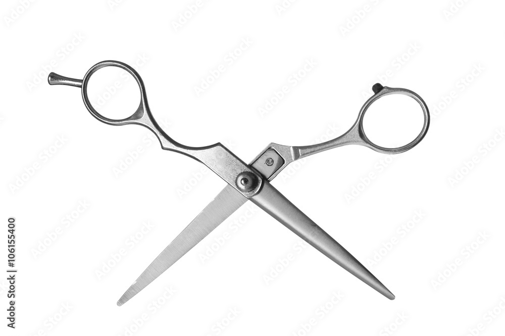 Professional metal scissors in open position isolated on white Stock ...