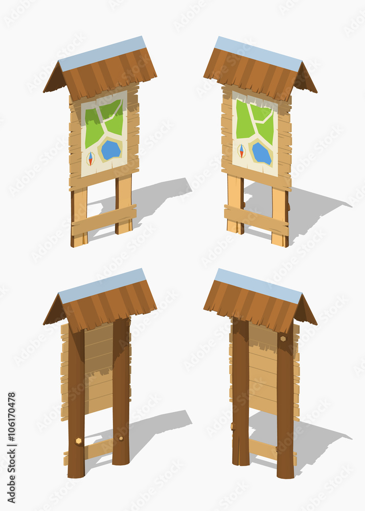 Information stand with the paper map. 3D lowpoly isometric vector ...