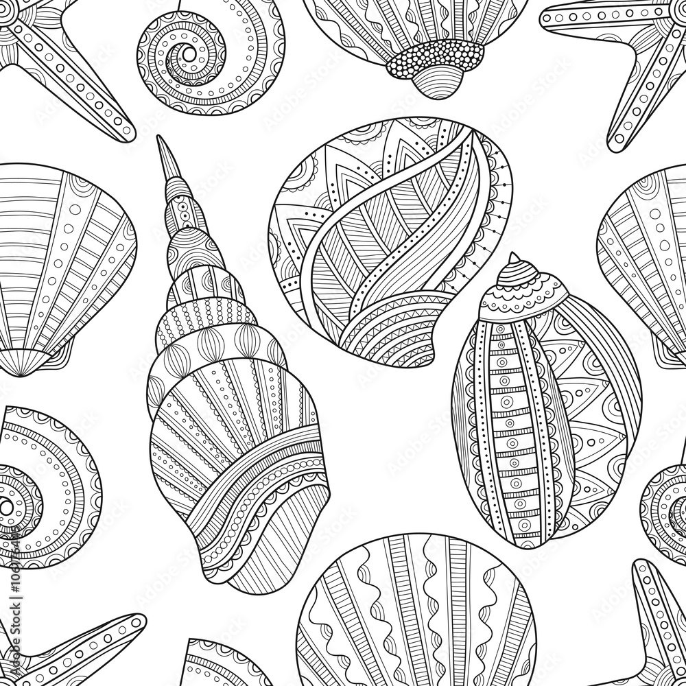 Seamless black and white pattern of seashells to coloring book Stock ...