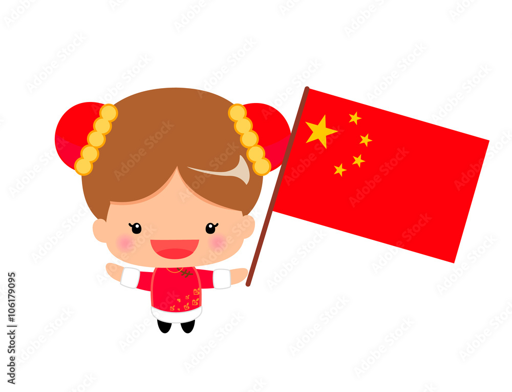 Little Girl Wearing Traditional Dress and Holding chinese flag.vector ...