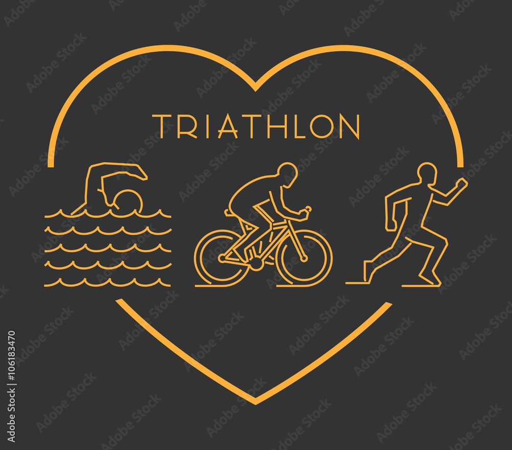Modern outline triathlon symbol. Vector figures triathlete. Gold line ...