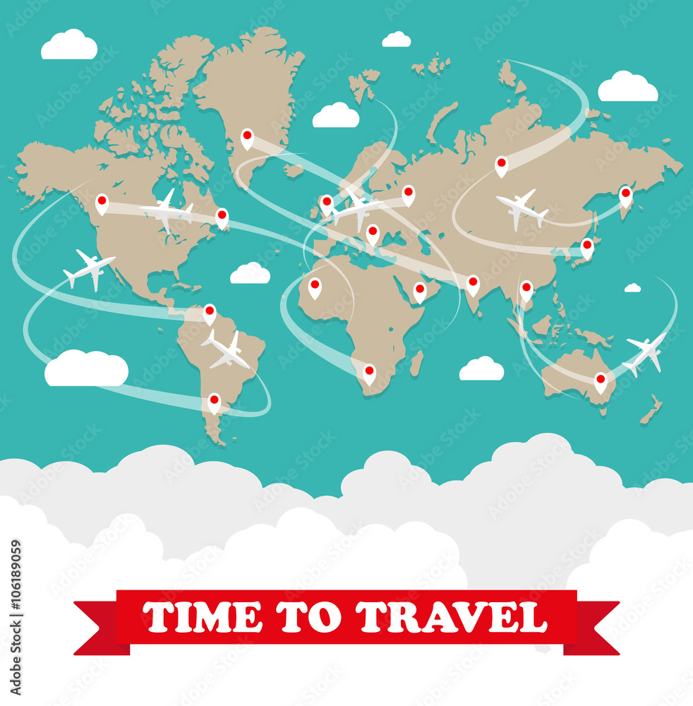 Airplanes map with routes Stock Vector | Adobe Stock