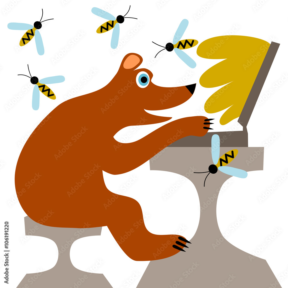 Little bear - cub - sitting at a desk with a laptop. From screen flows ...