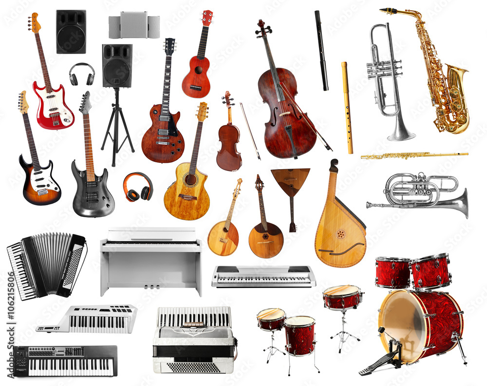 Collage of musical instruments isolated on white Stock Photo | Adobe Stock
