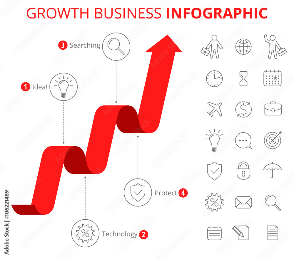 Vector flat line infographic elements. Upward red arrow and icons ...